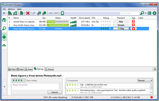uTorrent 3.0 Beta Adds Video Streaming, Ratings and Comments